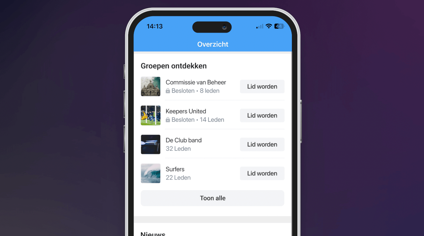 Nieuwe 'Groepen ontdekken' -widget in de Socie-app - Socie App